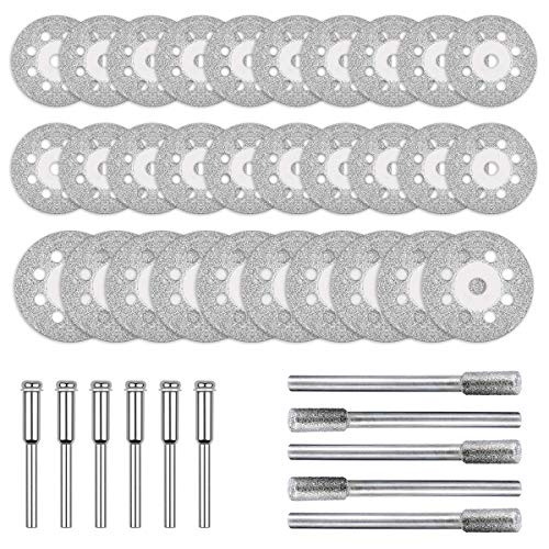 Diamond Cutting Wheels + Burs for Dremel Rotary Tool Glass Stone Tile Cutter 545 Cut Off Disc Masonry Ceramic Concrete Notching Die Grinder Bits 35pc + 6 Mandrels