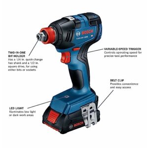 BOSCH GXL18V-233B25 18V 2-Tool Combo Kit with 1/2 In. Hammer Drill/Driver, Two-In-One 1/4 In. and 1/2 In. Bit/Socket Impact Driver/Wrench and (2) CORE18V® 4 Ah Advanced Power Batteries