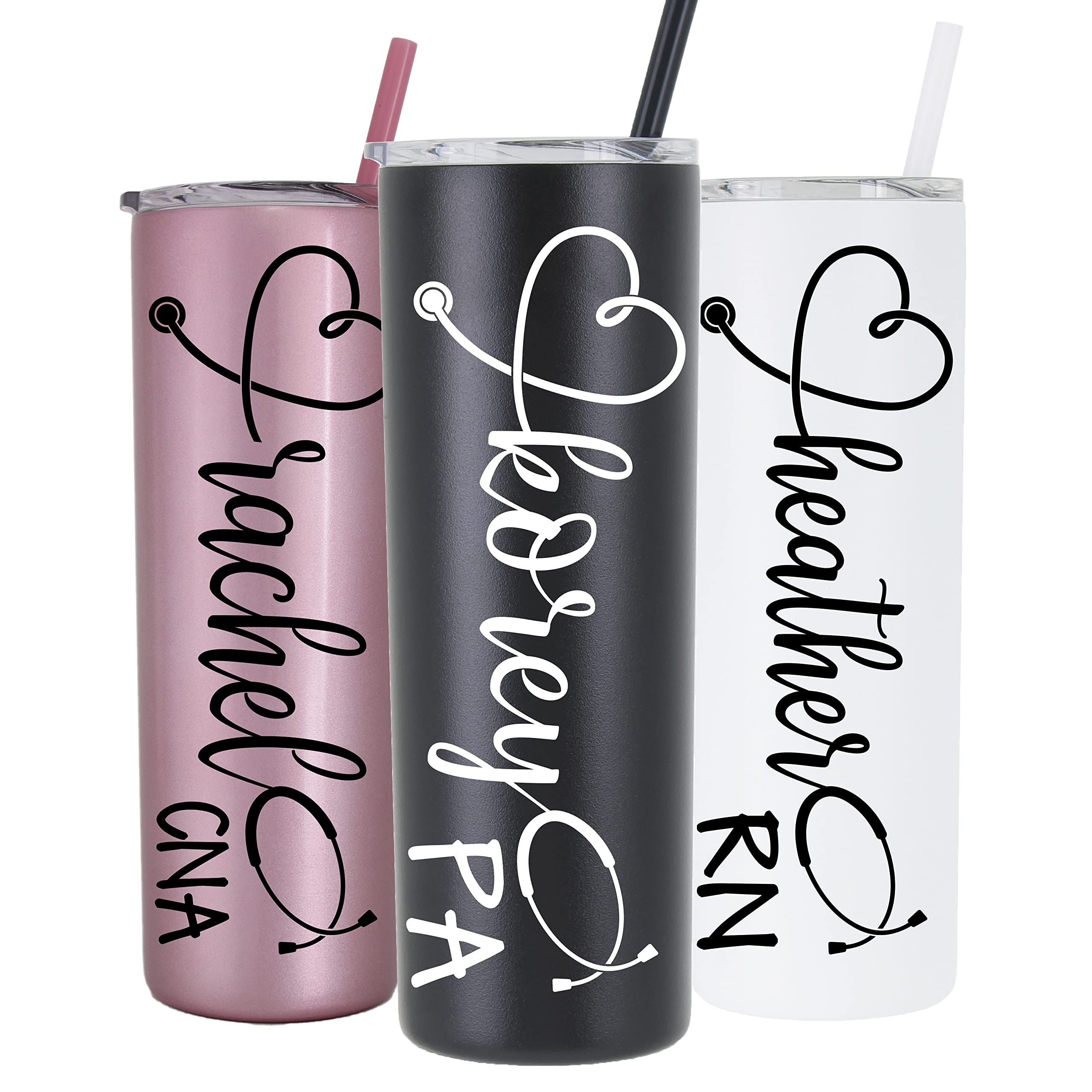 20 oz Personalized Nurse's Stainless Steel Skinny Tumbler with Custom Stethoscope Name by Avito - Includes Straw and Lid - Nurse RN - Nurse Gift