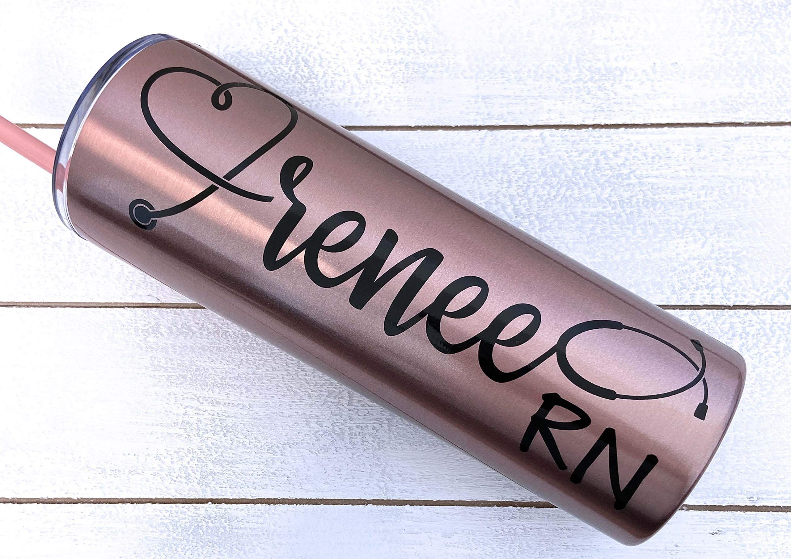 20 oz Personalized Nurse's Stainless Steel Skinny Tumbler with Custom Stethoscope Name by Avito - Includes Straw and Lid - Nurse RN - Nurse Gift