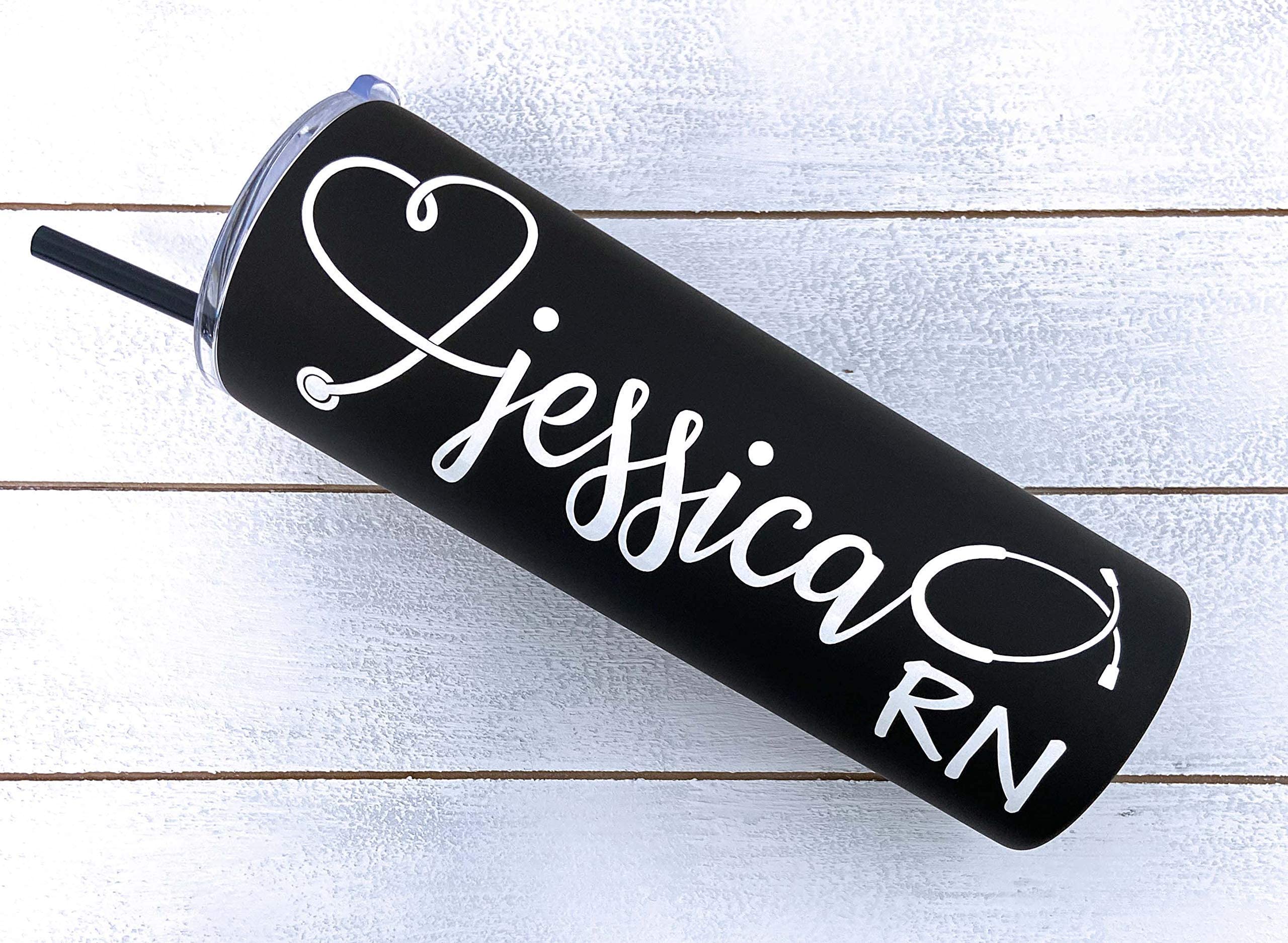 20 oz Personalized Nurse's Stainless Steel Skinny Tumbler with Custom Stethoscope Name by Avito - Includes Straw and Lid - Nurse RN - Nurse Gift