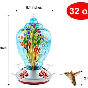 WOSIBO Hummingbird Feeder for Outdoors Patio Large 32 Ounces Colorful Hand Blown Glass Hummingbird Feeder with Ant Moat Hanging Hook, Rope, Brush and Service Card (Blue-Firework)