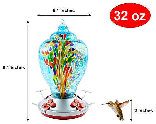 WOSIBO Hummingbird Feeder for Outdoors Patio Large 32 Ounces Colorful Hand Blown Glass Hummingbird Feeder with Ant Moat Hanging Hook, Rope, Brush and Service Card (Blue-Firework)