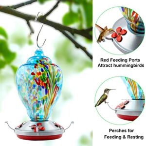 WOSIBO Hummingbird Feeder for Outdoors Patio Large 32 Ounces Colorful Hand Blown Glass Hummingbird Feeder with Ant Moat Hanging Hook, Rope, Brush and Service Card (Blue-Firework)