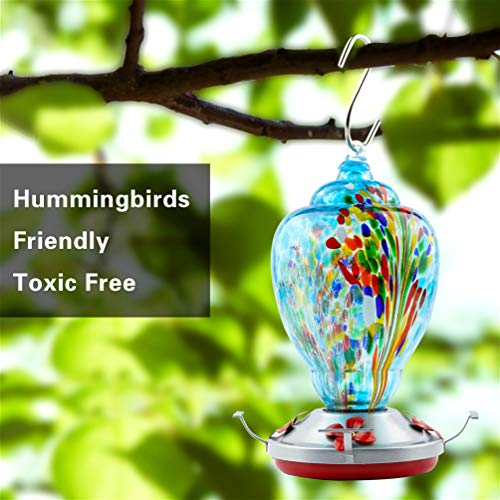 WOSIBO Hummingbird Feeder for Outdoors Patio Large 32 Ounces Colorful Hand Blown Glass Hummingbird Feeder with Ant Moat Hanging Hook, Rope, Brush and Service Card (Blue-Firework)