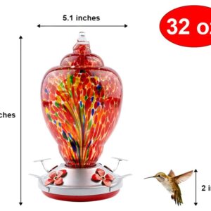 WOSIBO Hummingbird Feeder for Outdoors Patio Large 32 Ounces Colorful Hand Blown Glass Hummingbird Feeder with Ant Moat Hanging Hook, Rope, Brush and Service Card (RED-Firework)