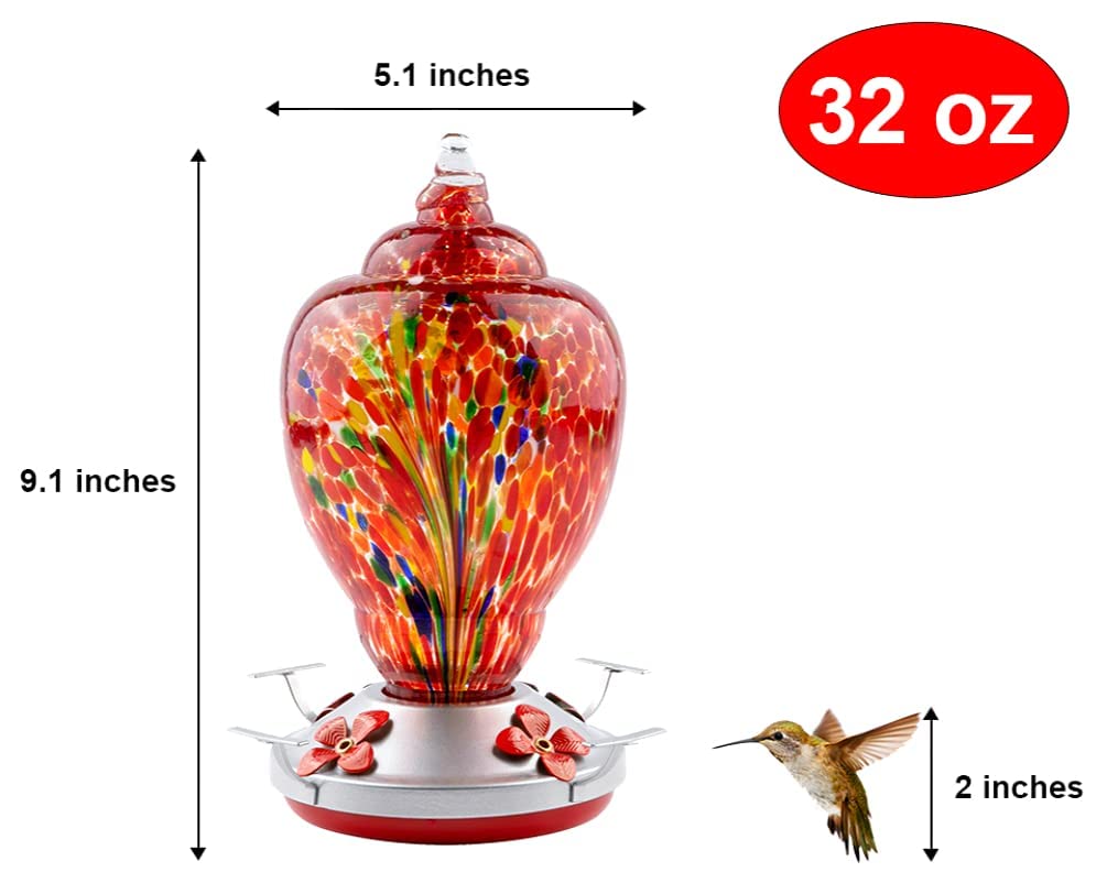 WOSIBO Hummingbird Feeder for Outdoors Patio Large 32 Ounces Colorful Hand Blown Glass Hummingbird Feeder with Ant Moat Hanging Hook, Rope, Brush and Service Card (RED-Firework)