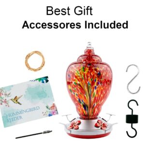 WOSIBO Hummingbird Feeder for Outdoors Patio Large 32 Ounces Colorful Hand Blown Glass Hummingbird Feeder with Ant Moat Hanging Hook, Rope, Brush and Service Card (RED-Firework)