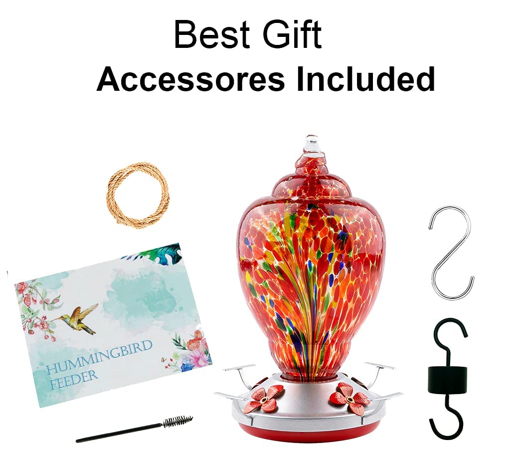 WOSIBO Hummingbird Feeder for Outdoors Patio Large 32 Ounces Colorful Hand Blown Glass Hummingbird Feeder with Ant Moat Hanging Hook, Rope, Brush and Service Card (RED-Firework)