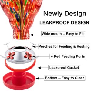 WOSIBO Hummingbird Feeder for Outdoors Patio Large 32 Ounces Colorful Hand Blown Glass Hummingbird Feeder with Ant Moat Hanging Hook, Rope, Brush and Service Card (RED-Firework)