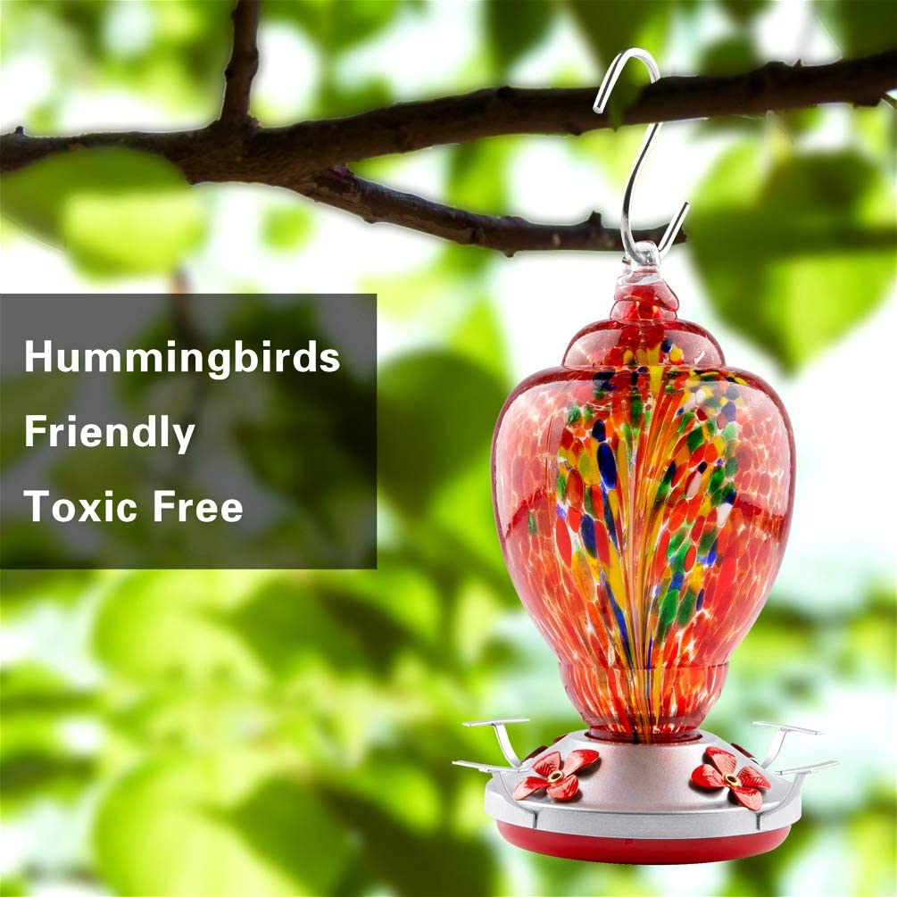 WOSIBO Hummingbird Feeder for Outdoors Patio Large 32 Ounces Colorful Hand Blown Glass Hummingbird Feeder with Ant Moat Hanging Hook, Rope, Brush and Service Card (RED-Firework)