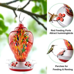 WOSIBO Hummingbird Feeder for Outdoors Patio Large 32 Ounces Colorful Hand Blown Glass Hummingbird Feeder with Ant Moat Hanging Hook, Rope, Brush and Service Card (RED-Firework)