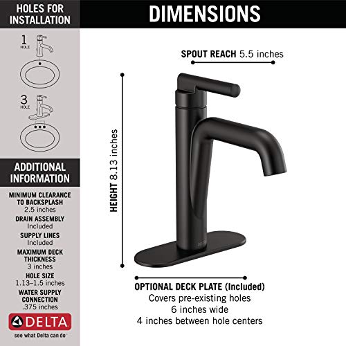 Delta Faucet Nicoli Matte Black Bathroom Faucet, Single Hole Bathroom Sink Faucet, Single Handle Bathroom Faucet, Pop-Up Drain Assembly, Matte Black 15849LF-BL