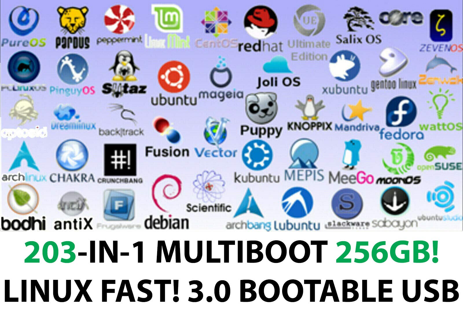 203-In-1 Updated LINUX Distributions On A FAST 3.0 MultiBoot Bootable USB 256GB