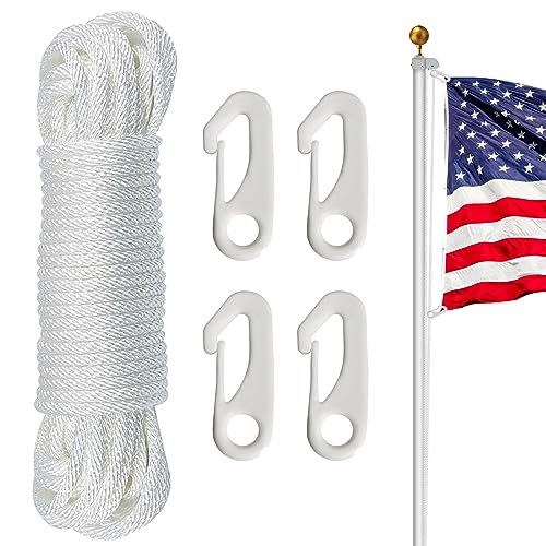 NQ Flag Pole Rope Kit - 50 Feet x 1/4" Diameter Flag Pole Halyard Nylon Rope with 4 Pieces Flag Pole Hook Clips - Outdoor Flagpole Accessories, Rope for Clothesline, Swing, Camping (50FT, White)