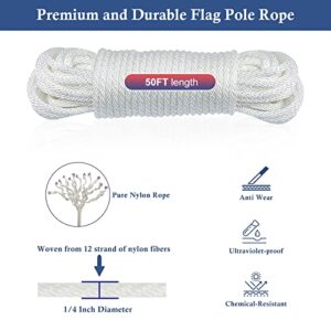 NQ Flag Pole Rope Kit - 50 Feet x 1/4" Diameter Flag Pole Halyard Nylon Rope with 4 Pieces Flag Pole Hook Clips - Outdoor Flagpole Accessories, Rope for Clothesline, Swing, Camping (50FT, White)