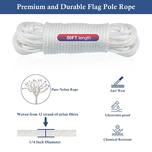 NQ Flag Pole Rope Kit - 50 Feet x 1/4" Diameter Flag Pole Halyard Nylon Rope with 4 Pieces Flag Pole Hook Clips - Outdoor Flagpole Accessories, Rope for Clothesline, Swing, Camping (50FT, White)