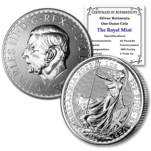 2023 1 oz British Silver Britannia Coin (King Charles III) by the Royal Mint Brilliant Uncirculated with Certificate of Authenticity £2 BU