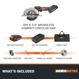 Worx Nitro 20V Brushless 4-1/2" Cordless Circular Saw, Compact Circular Saw, Up to 6,900 RPM, 0-46° Bevel Cuts, Circular Saw Cordless WX531L – Battery & Charger Included