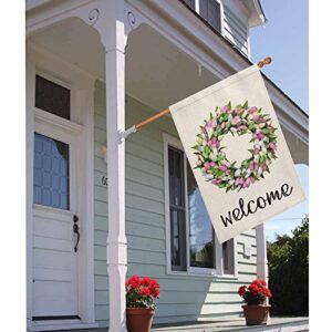 AVOIN colorlife Welcome Tulips and Lily Wreath House Flag Double Sided, Seasonal Spring Easter Mother's Day Yard Outdoor Flag 28 x 40 Inch