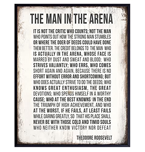 Teddy Roosevelt Man in the Arena Inspirational Quote Wall Art Print - Rustic 8x10 Sign Poster Photo - Home, Dorm, Office Decor - Motivational Gift for Entrepreneur, Graduation, Student - Unframed