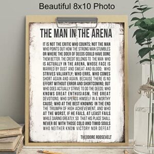 Teddy Roosevelt Man in the Arena Inspirational Quote Wall Art Print - Rustic 8x10 Sign Poster Photo - Home, Dorm, Office Decor - Motivational Gift for Entrepreneur, Graduation, Student - Unframed