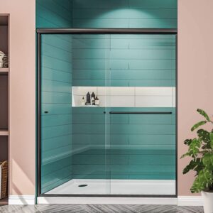 elegant bypass sliding shower door, semi-frameless sliding shower door with 1/4 in. clear glass, 58 1/2 in. - 60 in. w x 72 in. h sliding shower enclosure, black hardware