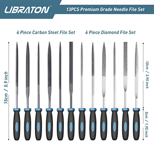 Libraton Small File Set, Needle Diamond Files 13PCS, 6pcs Jewlers Files & 6 Steel Files for Precision Metal File Work, Wood Files, Woodworking, Plastic Carving Tool with Steel Brush and Carry Case