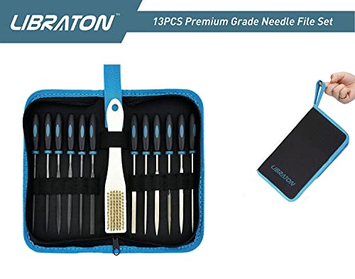 Libraton Small File Set, Needle Diamond Files 13PCS, 6pcs Jewlers Files & 6 Steel Files for Precision Metal File Work, Wood Files, Woodworking, Plastic Carving Tool with Steel Brush and Carry Case