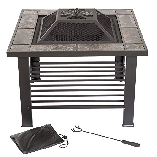 Pure Garden 588189TMQ 30" Fire Set, Wood Burning Pit-Includes Screen, Cover and Log Poker-for Outdoor and Patio, 30 inch Square Marble Tile Firepit, Black