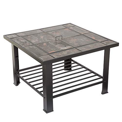 Pure Garden 588189TMQ 30" Fire Set, Wood Burning Pit-Includes Screen, Cover and Log Poker-for Outdoor and Patio, 30 inch Square Marble Tile Firepit, Black