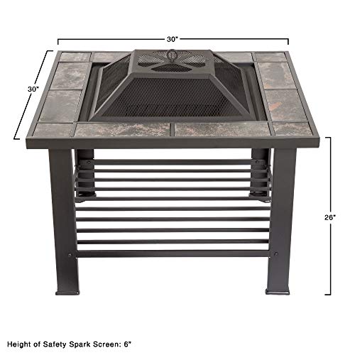 Pure Garden 588189TMQ 30" Fire Set, Wood Burning Pit-Includes Screen, Cover and Log Poker-for Outdoor and Patio, 30 inch Square Marble Tile Firepit, Black