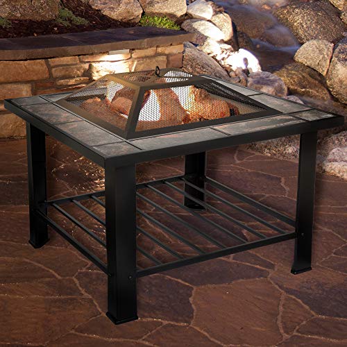 Pure Garden 588189TMQ 30" Fire Set, Wood Burning Pit-Includes Screen, Cover and Log Poker-for Outdoor and Patio, 30 inch Square Marble Tile Firepit, Black