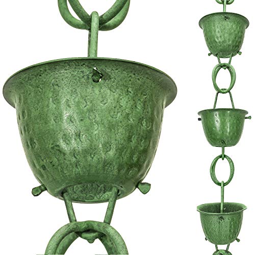 Monarch Rain Chains 50281 Monarch Aluminum Hammered Cup Rain Chain, 8-1/2 Feet Length, Green Patina Finish