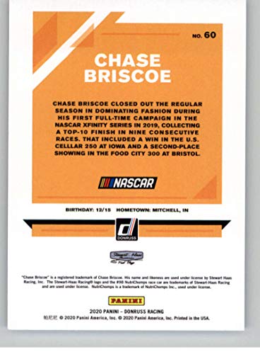 2020 Donruss Racing #60 Chase Briscoe Nutri Chomps/Stewart-Haas Racing/Ford Official NASCAR Trading Card