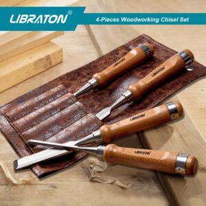 Libraton Woodworking Chisel Set, 4pcs Cr-V Wood Chisels Set, Professional Chisels with Leather Pouch for Carpenter, Christmas Gift for Man