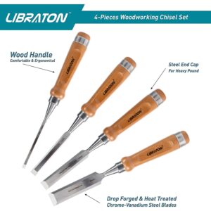 Libraton Woodworking Chisel Set, 4pcs Cr-V Wood Chisels Set, Professional Chisels with Leather Pouch for Carpenter, Christmas Gift for Man