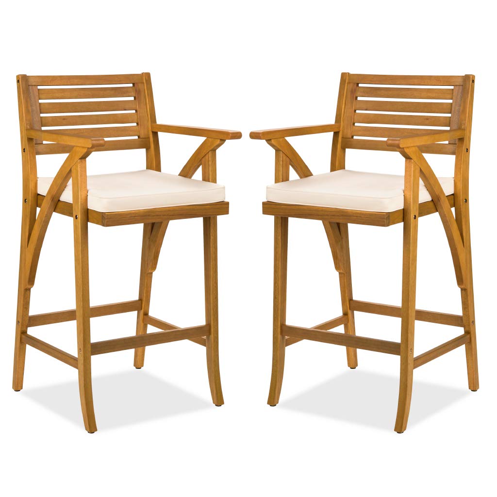 Best Choice Products Set of 2 Outdoor Acacia Wood Bar Stools Bar Chairs for Patio, Pool, Garden w/Weather-Resistant Cushions - Teak Finish