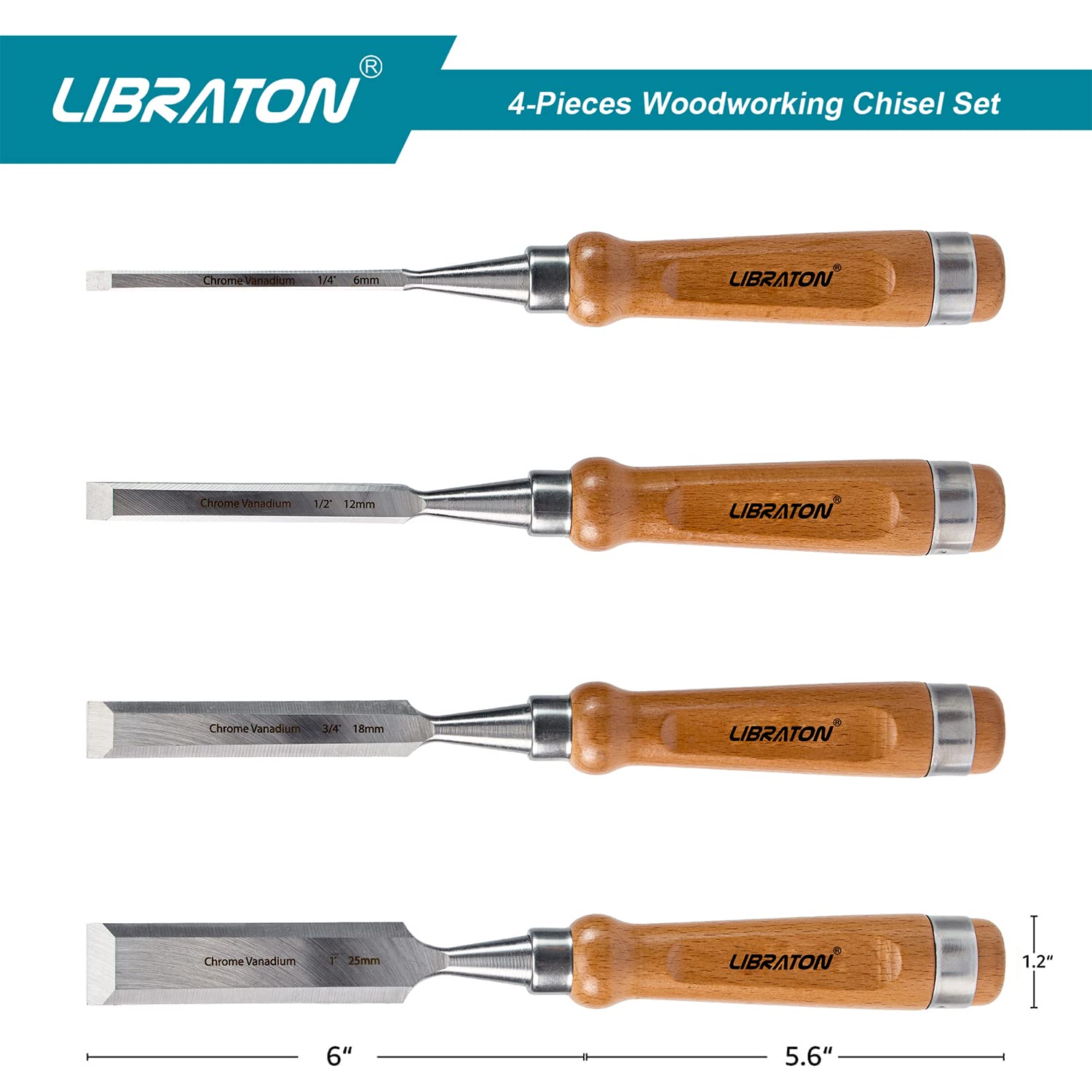 Libraton Woodworking Chisel Set, 4pcs Cr-V Wood Chisels Set, Professional Chisels with Leather Pouch for Carpenter, Christmas Gift for Man