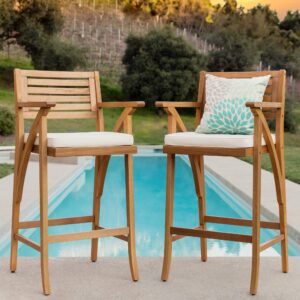 Best Choice Products Set of 2 Outdoor Acacia Wood Bar Stools Bar Chairs for Patio, Pool, Garden w/Weather-Resistant Cushions - Teak Finish