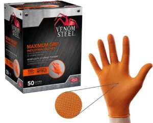 venom steel orange nitrile gloves, 8 mil thick, 50 count, maximum grip textured disposable gloves, puncture and rip resistant, hi-visibility orange, one size fits most