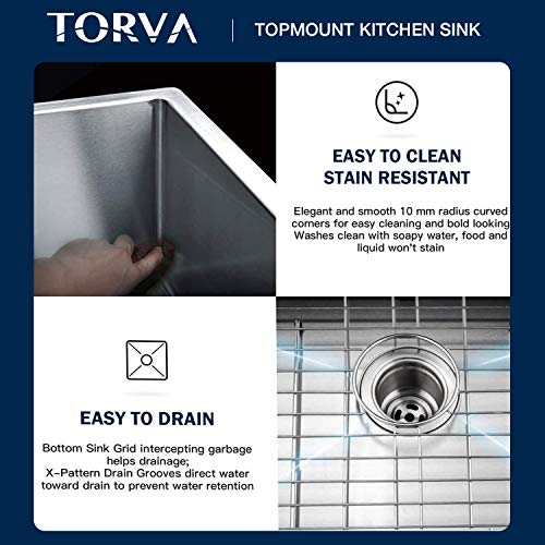 TORVA 18-Inch Drop-in Kitchen Sink, 16 Gauge Stainless Steel Topmount Single Bowl - 9 Inches Deep Bar/Prep Basin