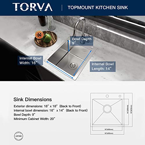 TORVA 18-Inch Drop-in Kitchen Sink, 16 Gauge Stainless Steel Topmount Single Bowl - 9 Inches Deep Bar/Prep Basin