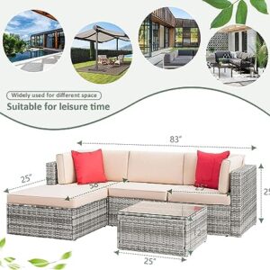 Devoko 5 Pieces Patio Furniture Sets Outdoor Sectional Sofa Manual Weaving Rattan Wicker Patio Conversation Set with Cushion and Glass Table (Grey)