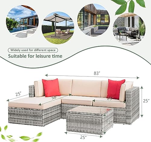 Devoko 5 Pieces Patio Furniture Sets Outdoor Sectional Sofa Manual Weaving Rattan Wicker Patio Conversation Set with Cushion and Glass Table (Grey)