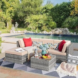 devoko 5 pieces patio furniture sets outdoor sectional sofa manual weaving rattan wicker patio conversation set with cushion and glass table (grey)