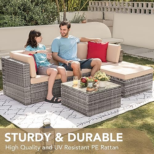 Devoko 5 Pieces Patio Furniture Sets Outdoor Sectional Sofa Manual Weaving Rattan Wicker Patio Conversation Set with Cushion and Glass Table (Grey)