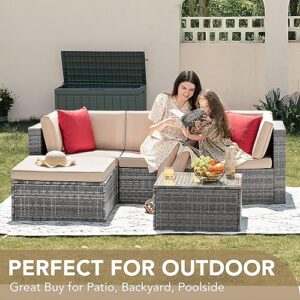 Devoko 5 Pieces Patio Furniture Sets Outdoor Sectional Sofa Manual Weaving Rattan Wicker Patio Conversation Set with Cushion and Glass Table (Grey)