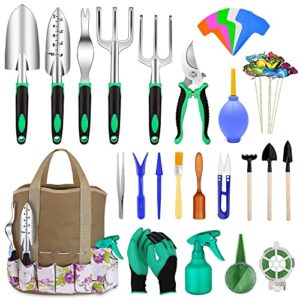 82 pcs garden tools set, extra succulent tools set, heavy duty gardening tools aluminum with soft rubberized non-slip handle tools, durable storage tote bag, gifts for men (blue)