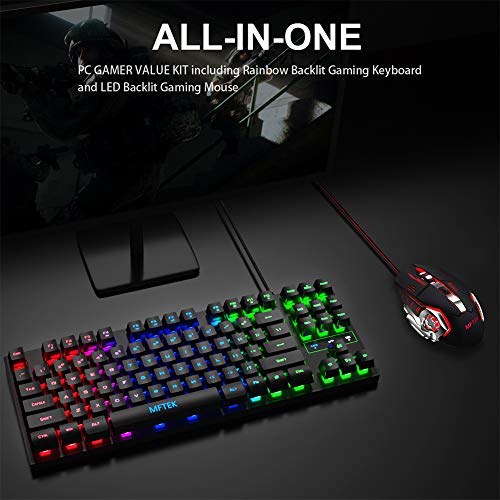 MFTEK RGB Rainbow Gaming Keyboard and Mouse Combo, Compact 87 Keys Backlit Computer Keyboard with Gaming Mouse, USB Wired Set for PC Gamer Laptop Work